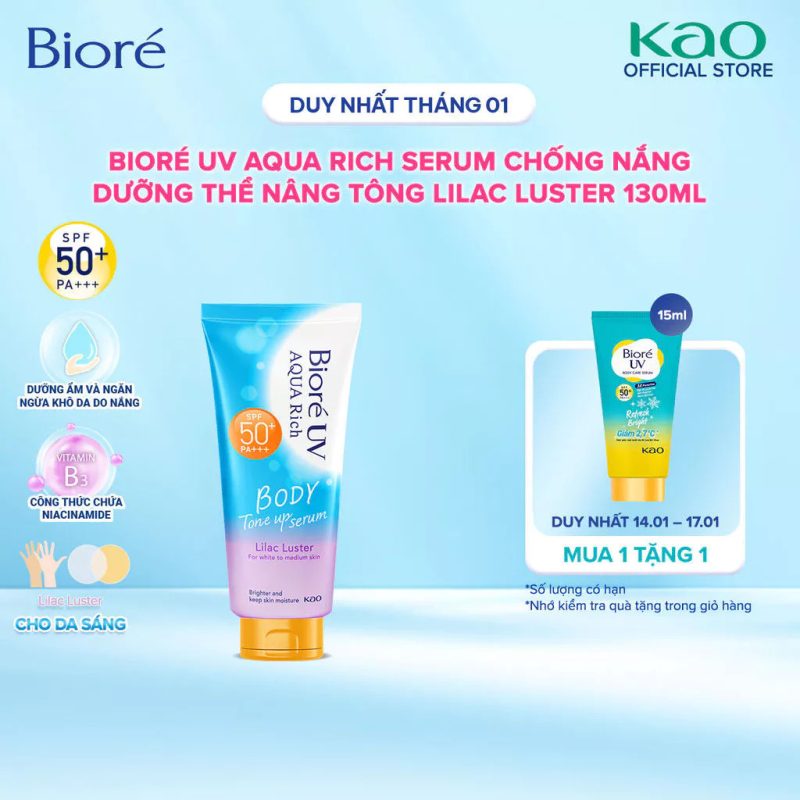 Biore UV Aqua Rich Serum Chống Nắng Dưỡng Thể Nâng Tông Lilac Luster 130ml